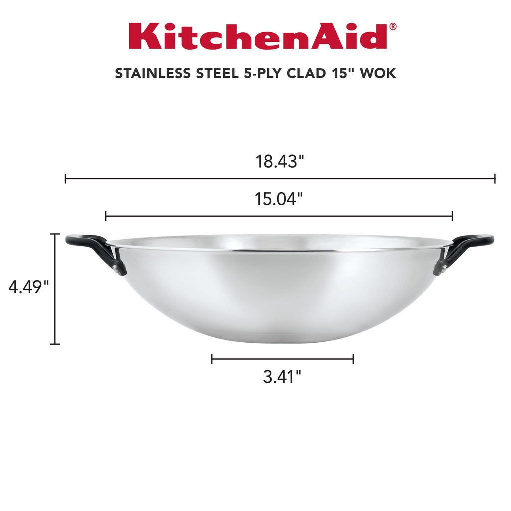 KitchenAid 5-Ply Clad Stainless Steel Wok, 15-Inch, Polished Stainless ...